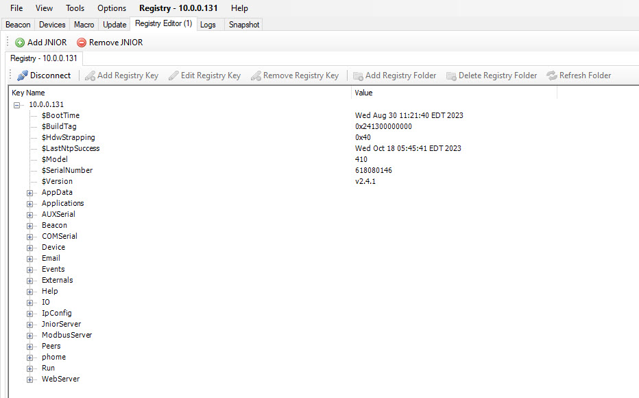 Editing a JNIOR Registry from the Support Tool